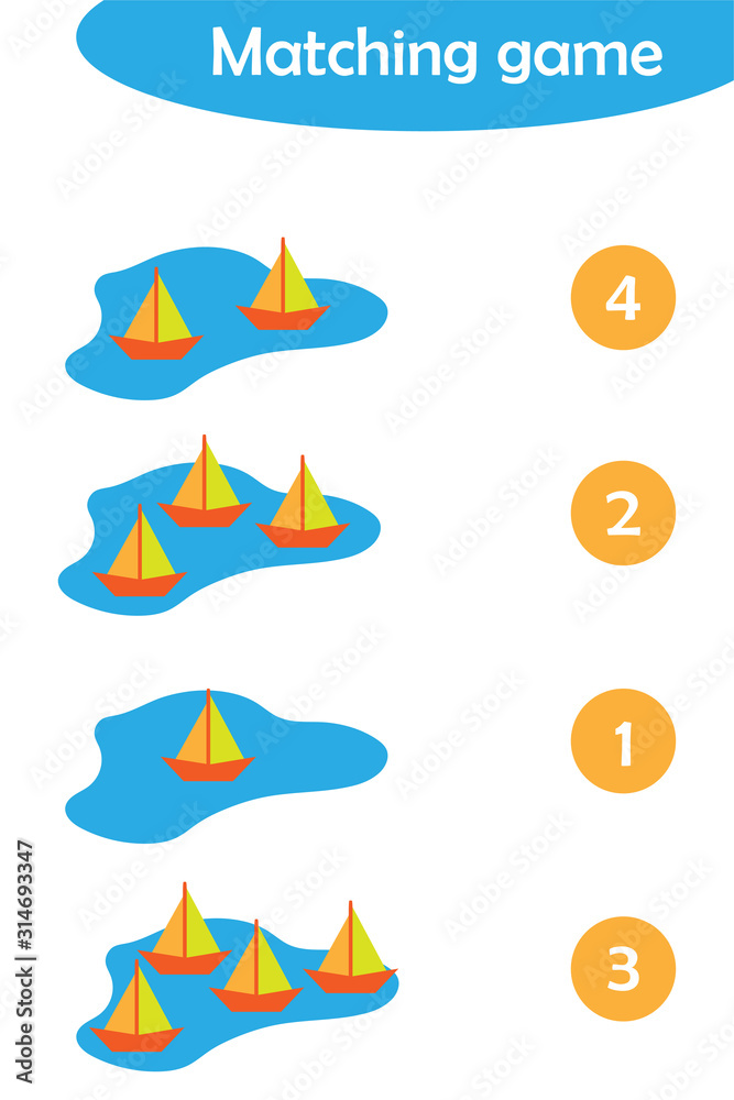 Maths game with paper boats in a puddle for children, easy level ...