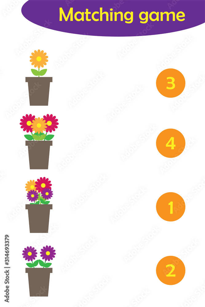 Maths game with flowers in pots for children, easy level, education ...