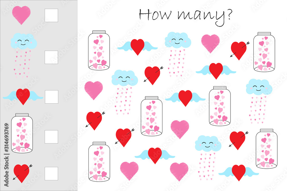 How many counting game with hearts for kids, educational maths task for ...