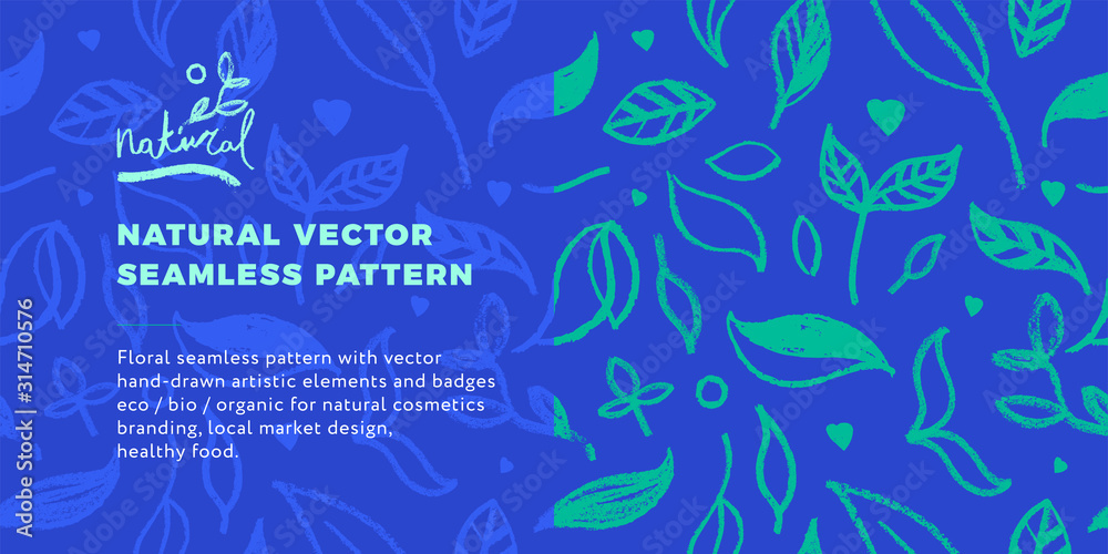 Floral pattern with seamless hand drawn ornaments. Healthy food badge ...