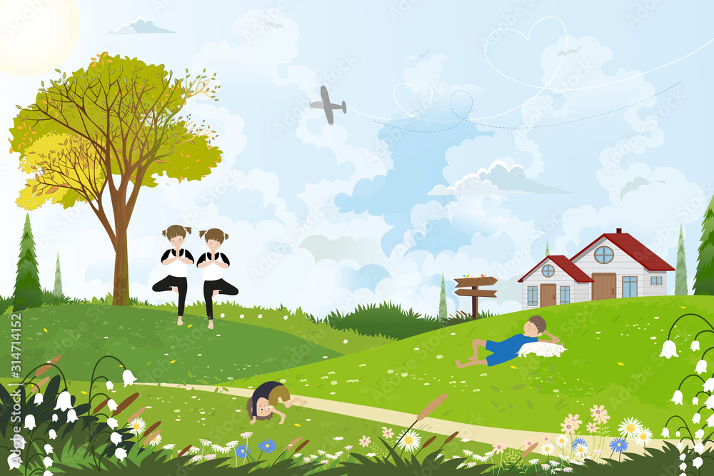 Vector Illustration of children playing in the park, Landscapespring ...