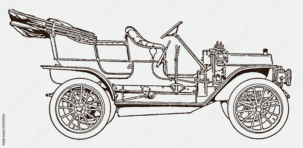 Antique 4-passenger touring car in side view. Illustration after an ...
