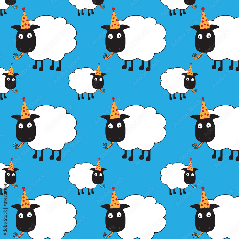 Cute seamless repeat pattern of sheep with party hat and blower. Stock ...