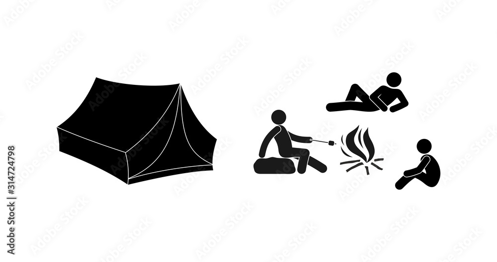 tourism icon, stick figure people sitting around a campfire, summer ...