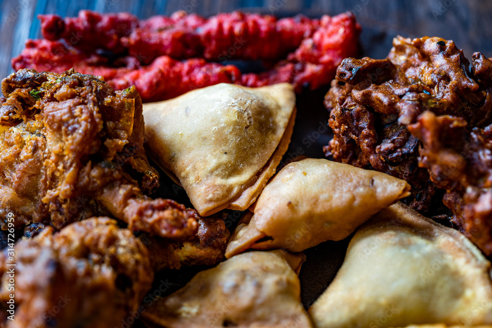 Indian Asian Food Samosas / Samsa with Pakora, Aloo Tikki and Spring ...
