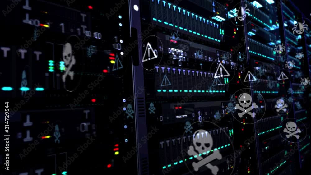 Modern servers room with symbols of cyber crime, attack, security alert ...