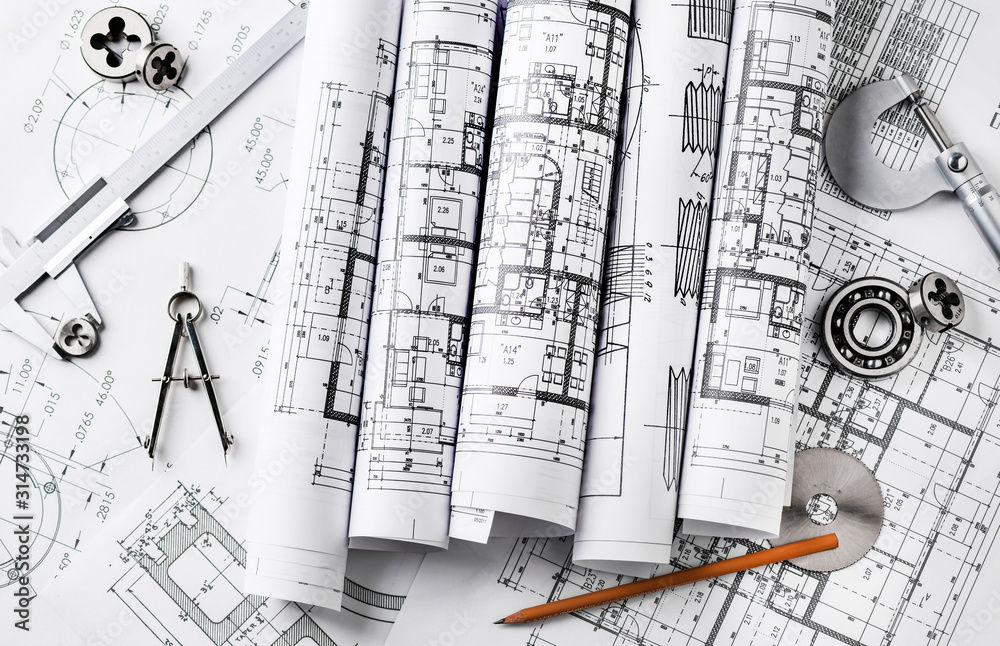 Technical drawings with measure tools. Pencil, measurement. Papers with ...