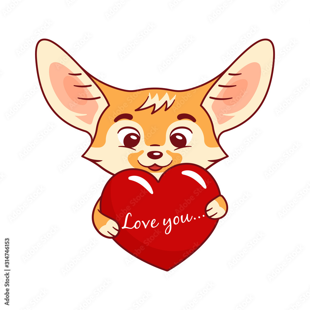 Enamoured fennec fox holds big cartoon heart with 'Love you ...