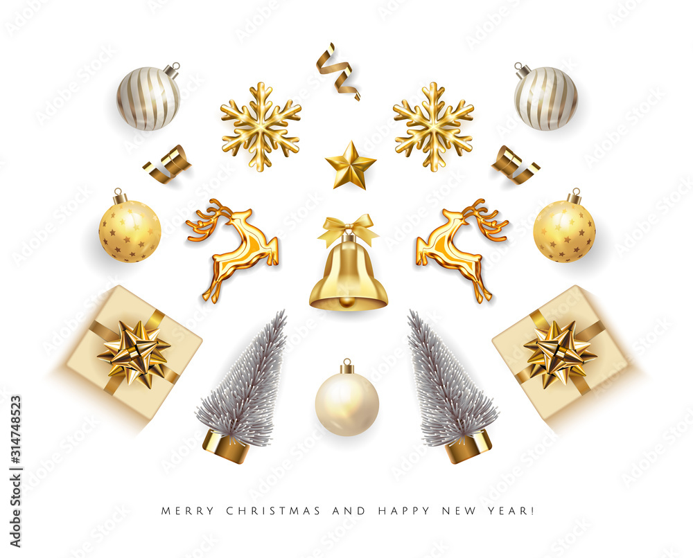 Set realistic Golden Christmas objects isolated in white background ...