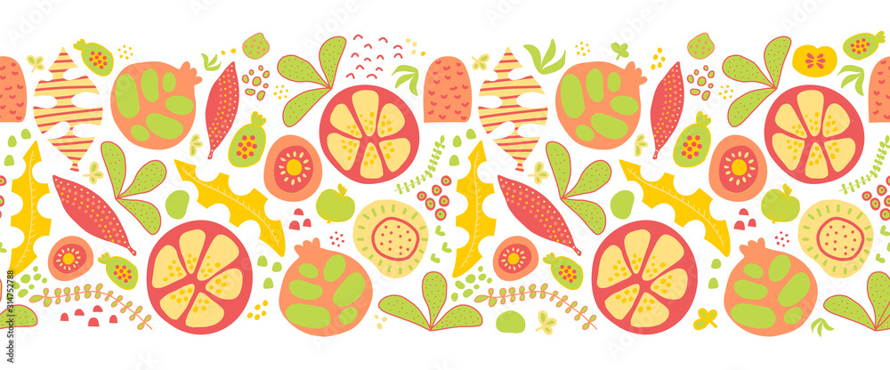 Summer fruits and leaves seamless vector border. Tropical green red ...