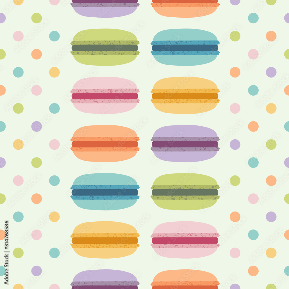 Seamless vector pattern with colorful polka dots and French macarons in ...