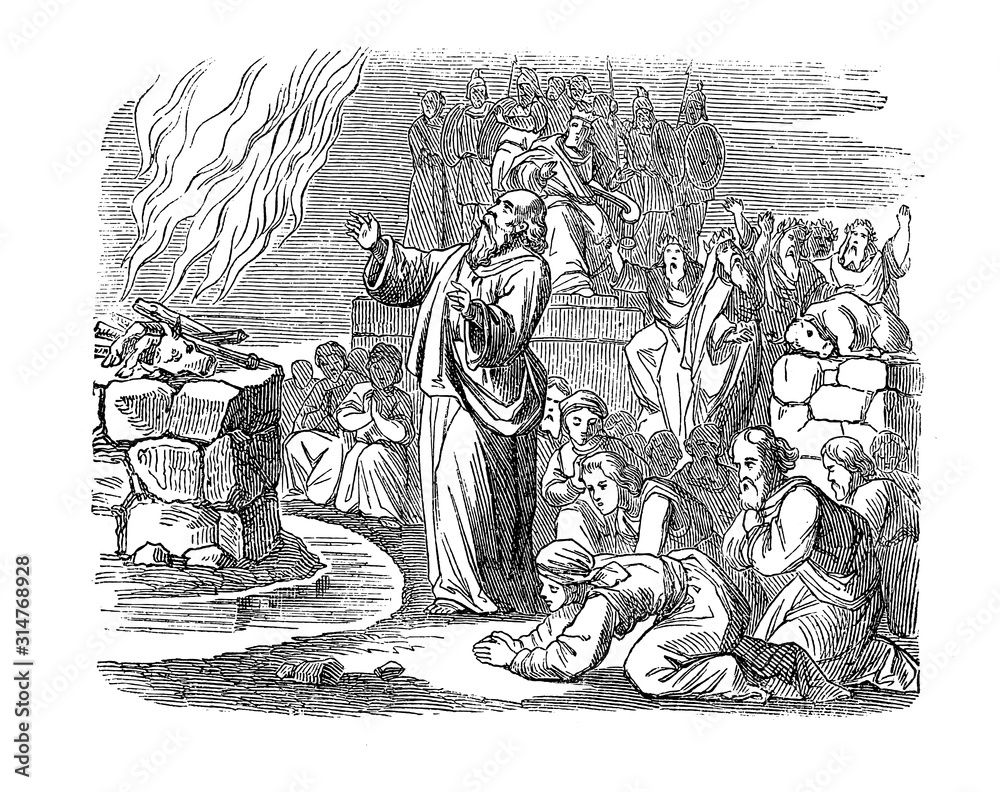 Vintage drawing or engraving of biblical story of prophet Elijah on ...