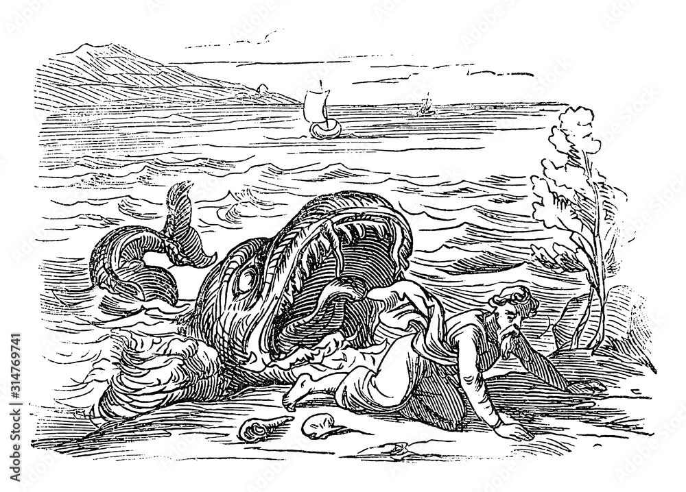 Vintage drawing or engraving of biblical story of prophet Jonah and the ...