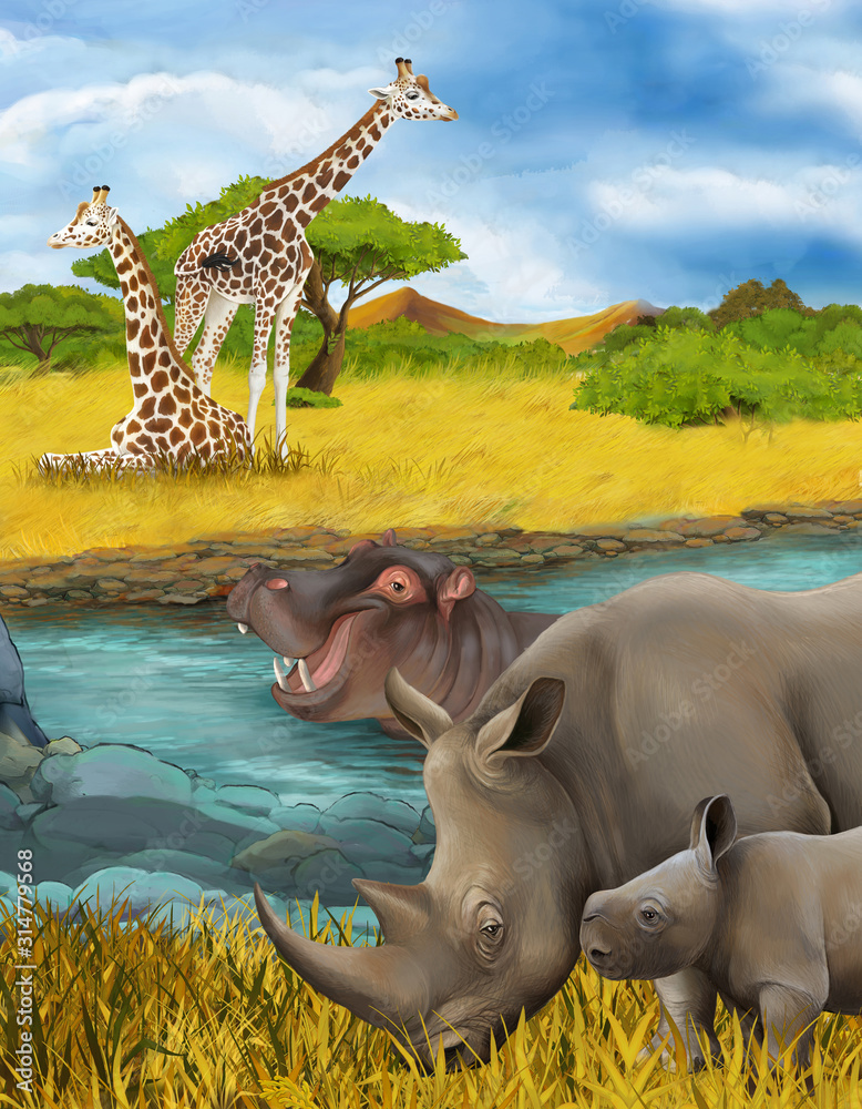cartoon scene with hippopotamus hippo rhinoceros rhino and giraffes ...