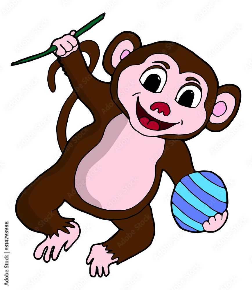 Cartoon monkey with a ball. Vector hand drawn illustration isolated on ...