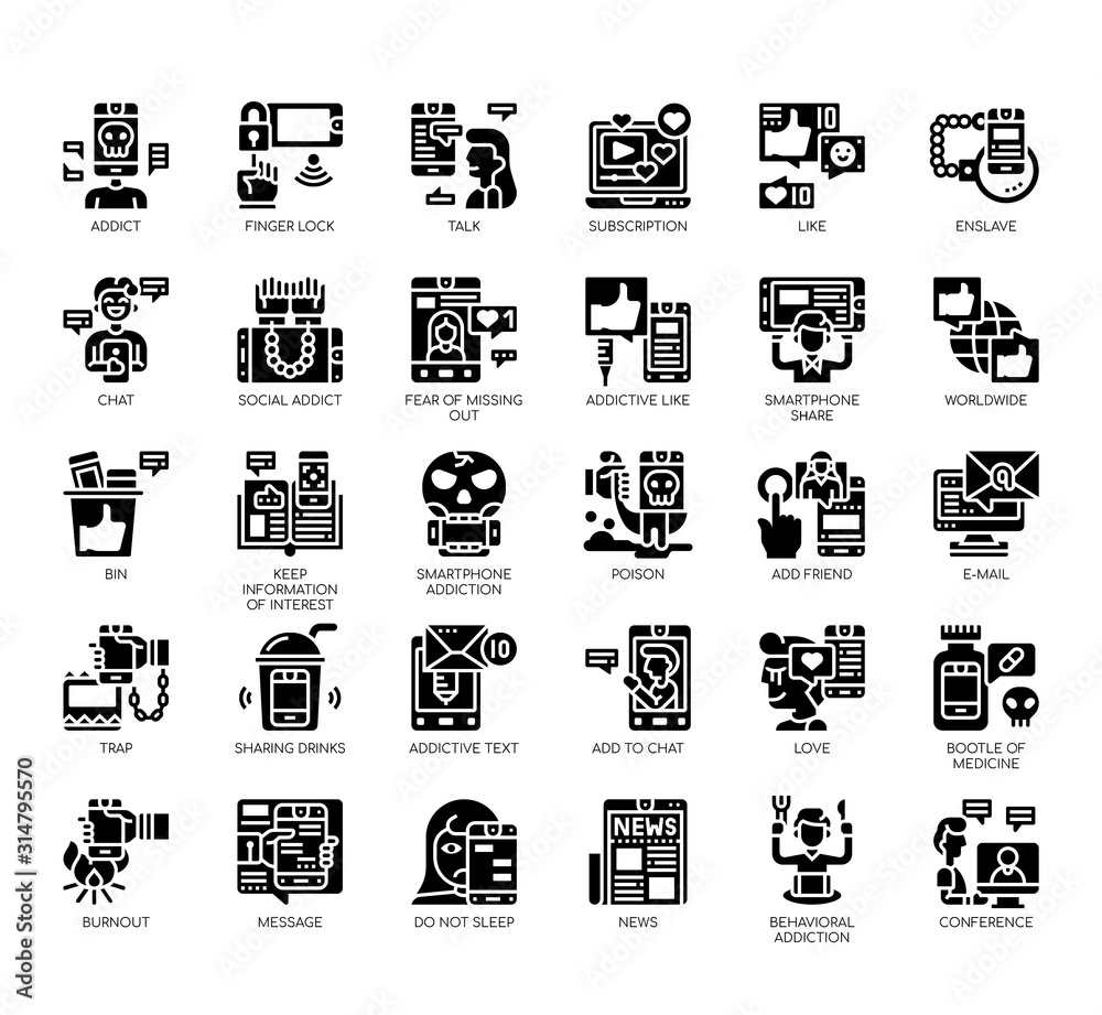 Set of social media addiction thin line and pixel perfect icons for any ...