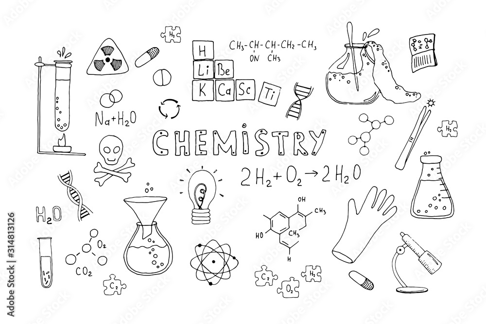 Symbols and drawings for a school chemistry lesson, set on a white ...