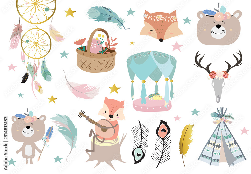 Cute boho object collection with feather, bear,fox,dreamcatcher ...