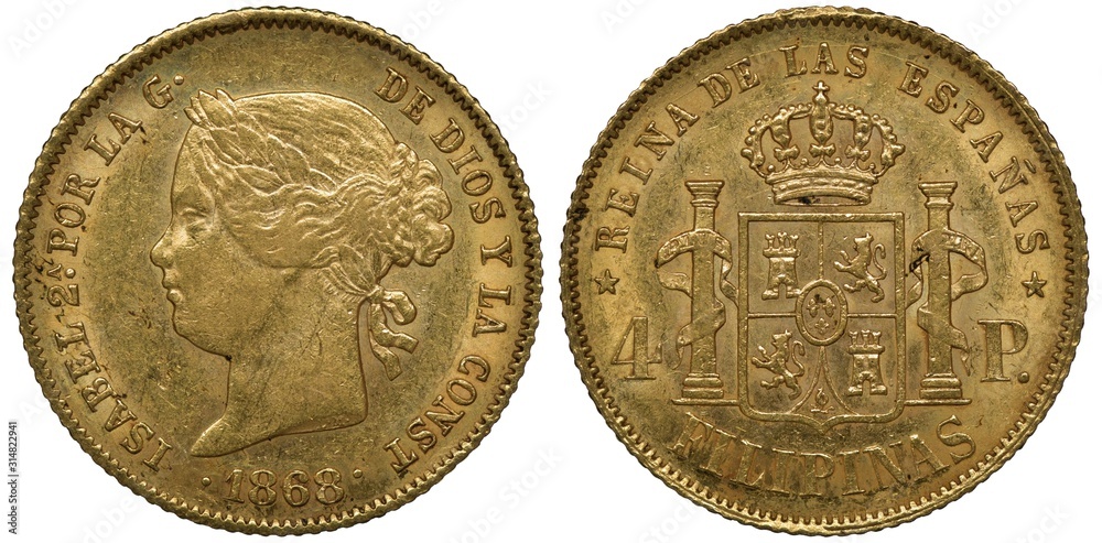 Spanish Philippines golden coin 4 four pesos 1868, head of Queen Isabel ...