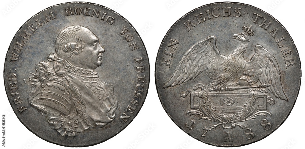 Germany German Prussia Prussian silver coin 1 one thaler 1788, bust of ...