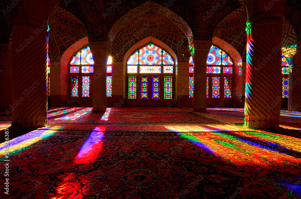 Isalamic interior of ornamental of Nasir Al-Molk Mosque with colorful ...