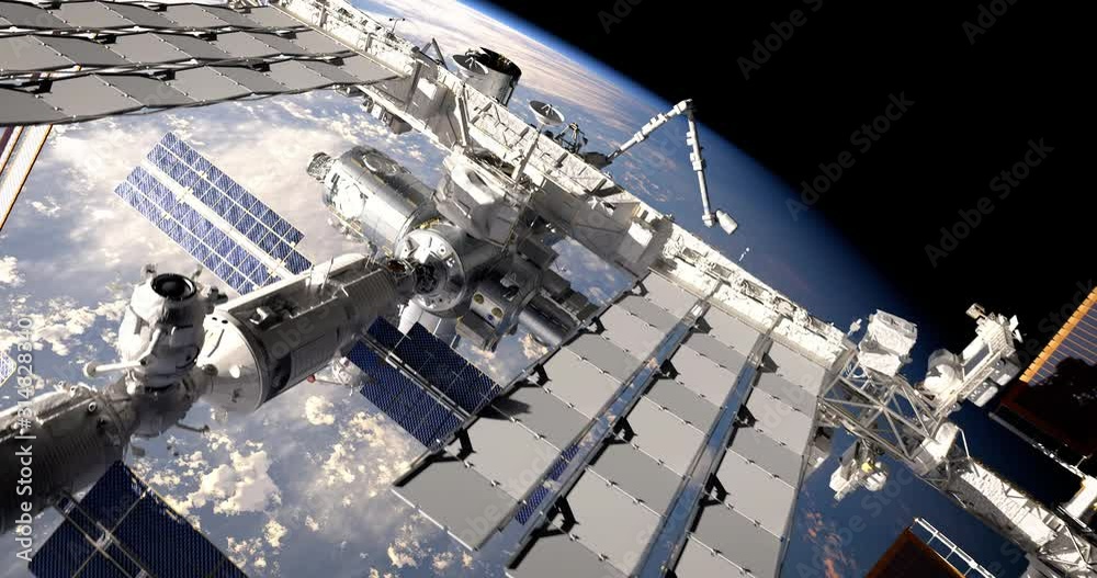 Flight of International Space Station ISS orbiting the blue marble ...