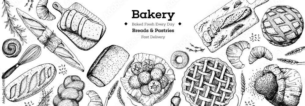 Bakery background. Bakery top view frame. Hand drawn sketch with bread ...