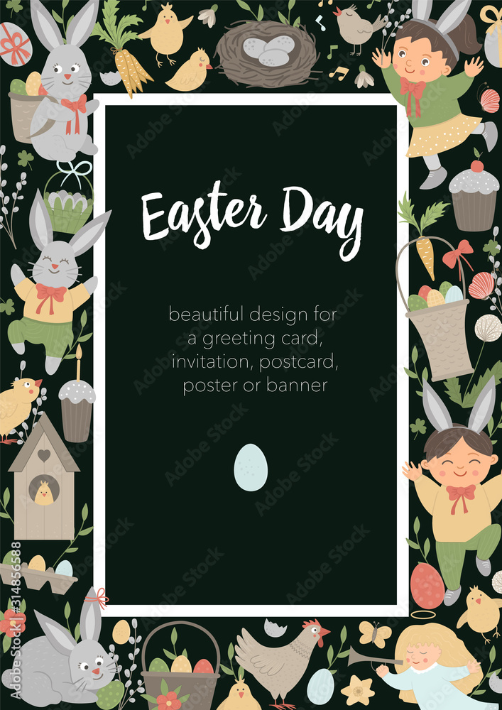 Vector Easter vertical layout frame with bunny, eggs and happy children ...
