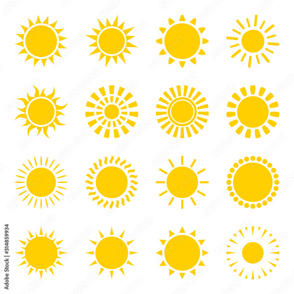 sun icons set. Flat shining symbols collection. Daylight logos Stock ...