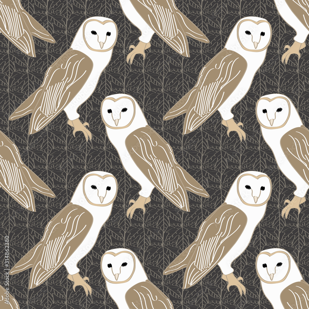 Vector Barn Owls on Brown Background Seamless Repeat Pattern ...