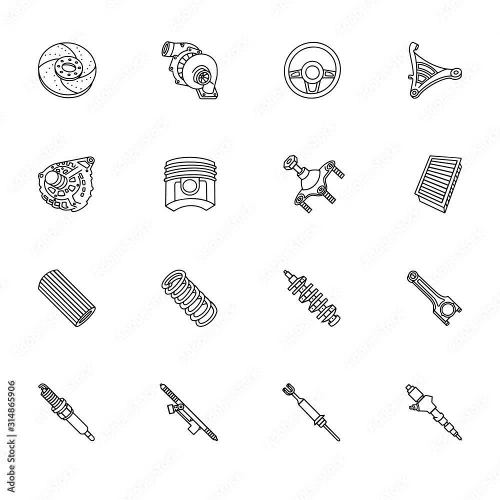 Auto car spare parts. Isometric outline icons. 3D pictograms vector set ...