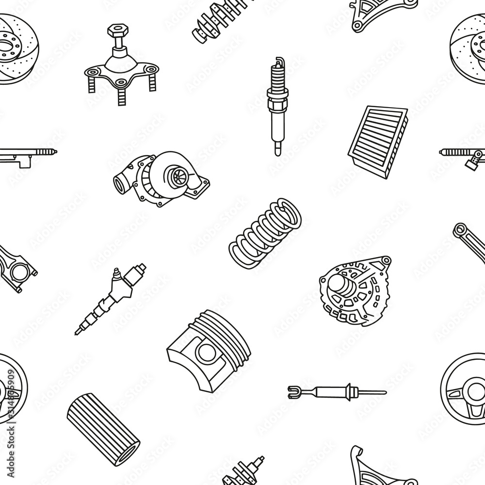 Auto car spare parts background. Isometric outline icons seamless ...
