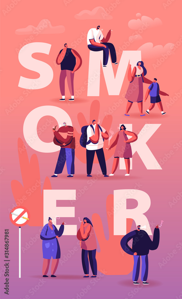 Smoker and Smoking Addiction Concept. Young and Old People Smoke ...