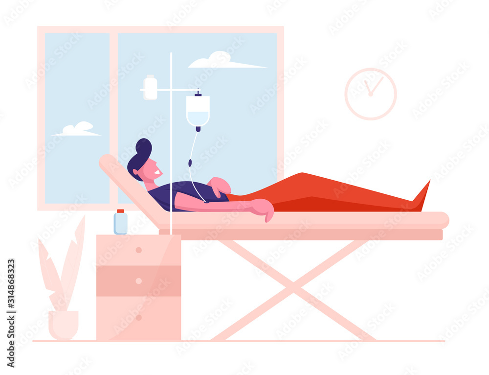 Healthcare Concept. Sick Injured Patient Lying in Medical Bed with ...