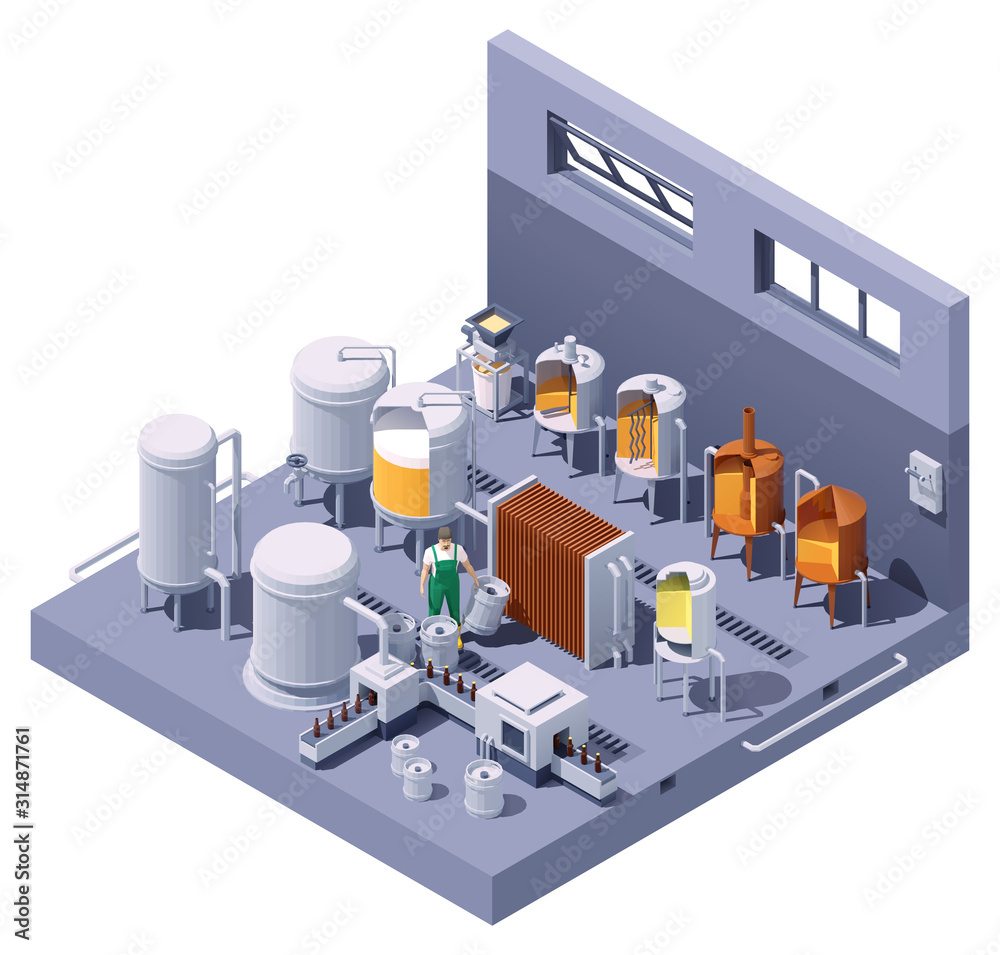 Vector isometric craft beer brewery interior. Beer brewing process ...