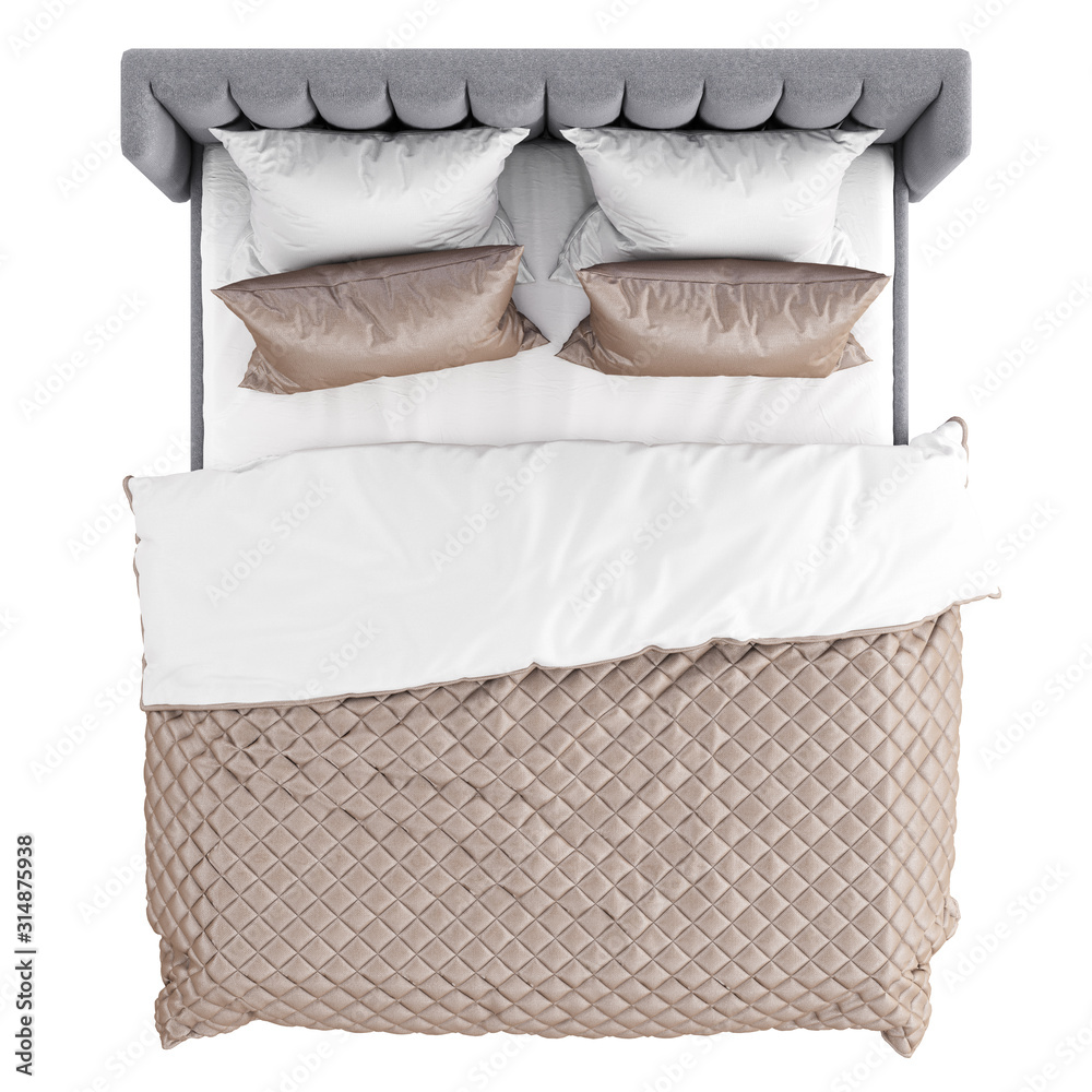 Double bed with soft gray upholstery and creamy white bedding on a ...