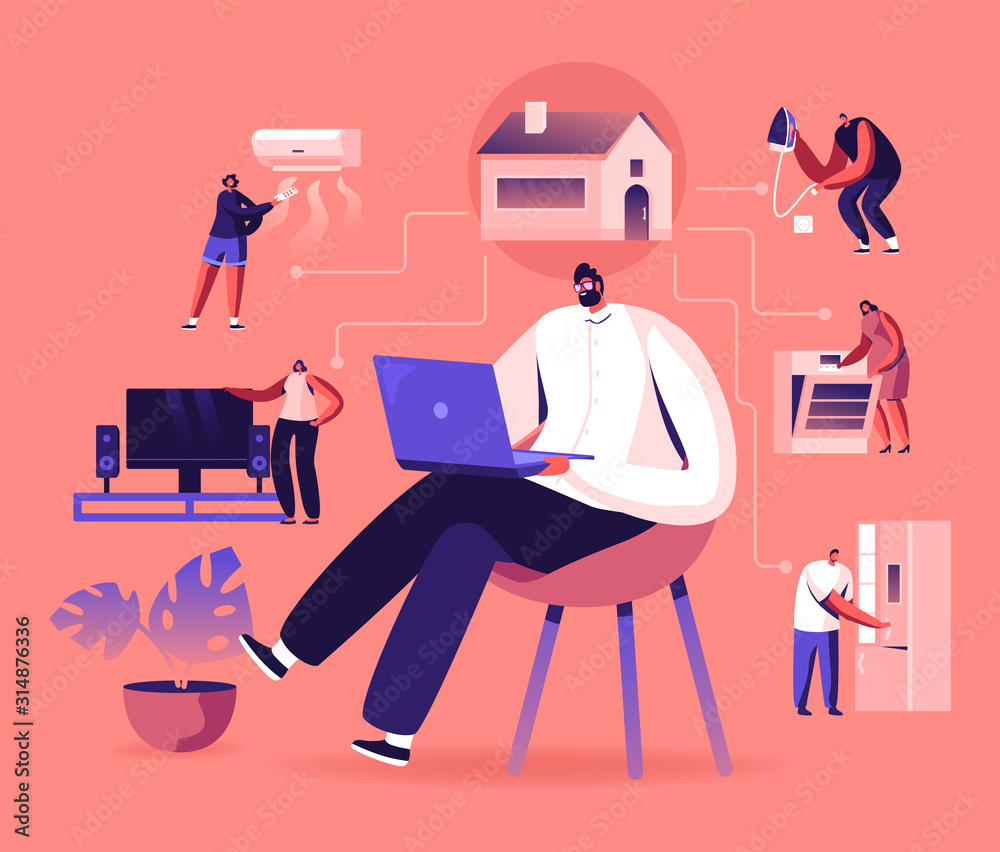 Internet of Things, Smart Home App Network Connection. Man Sitting on ...