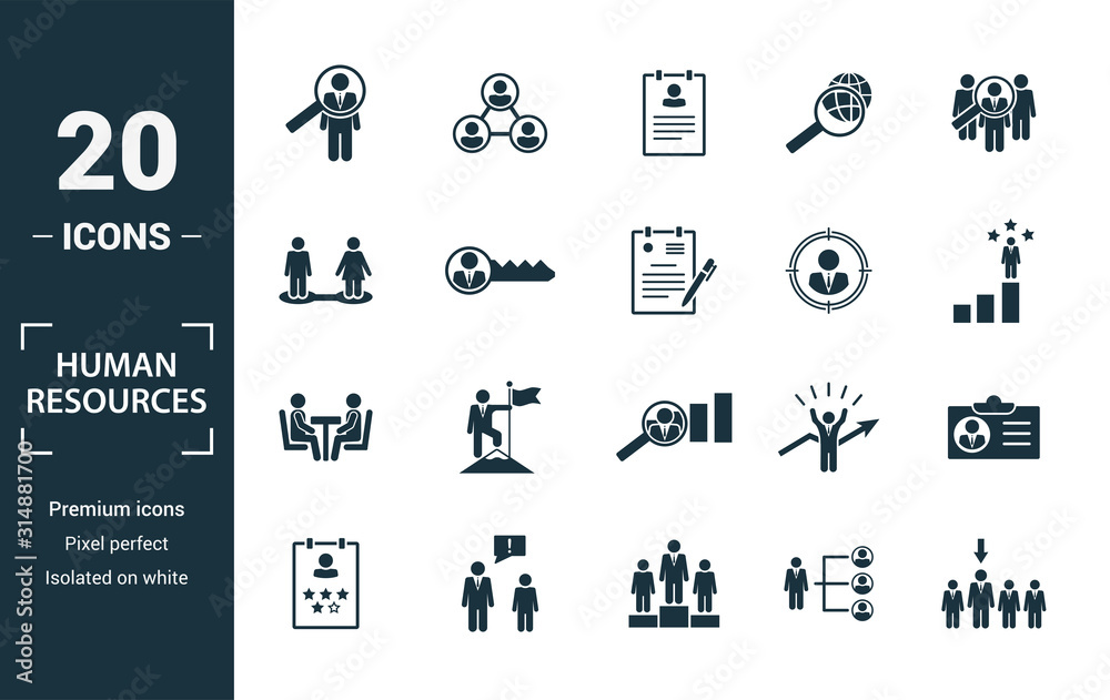 Human Resources icon set. Include creative elements searching, resume ...
