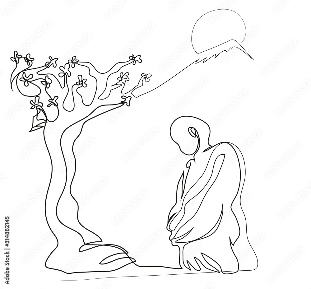 One continuous line drawing of buddhist monk and nature. Simple line ...