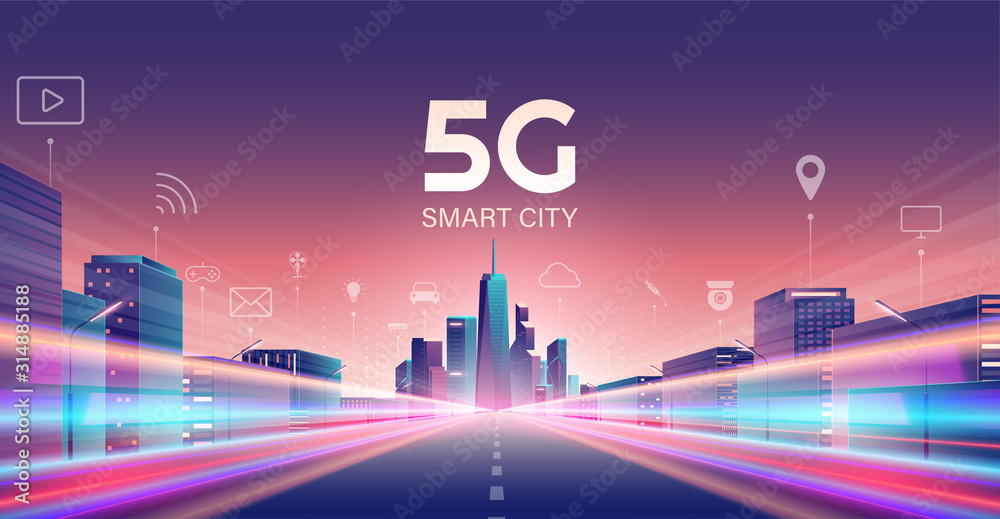 5G wireless network and smart city concept. night urban city with ...