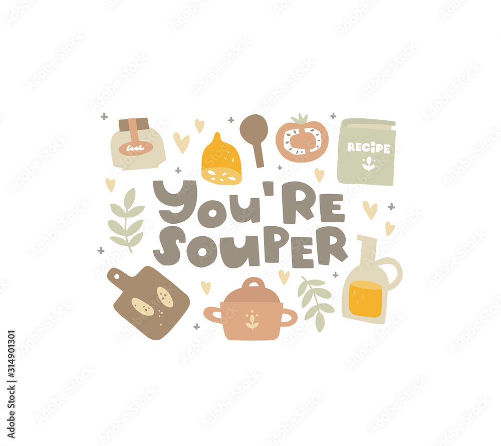 Vector hand drawn illustration. Kitchenware, food and the inscription ...