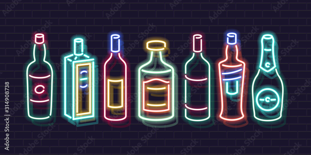 Neon bar shelf bottles icon set. Beverages for classic coctails ...