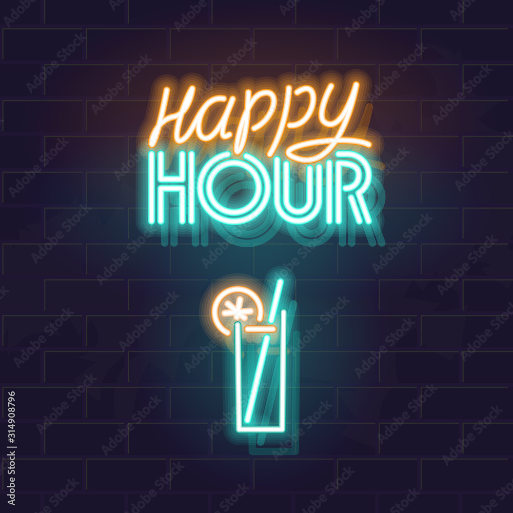 Neon happy hour signage. Glowing typography with alcohol drink glass on ...