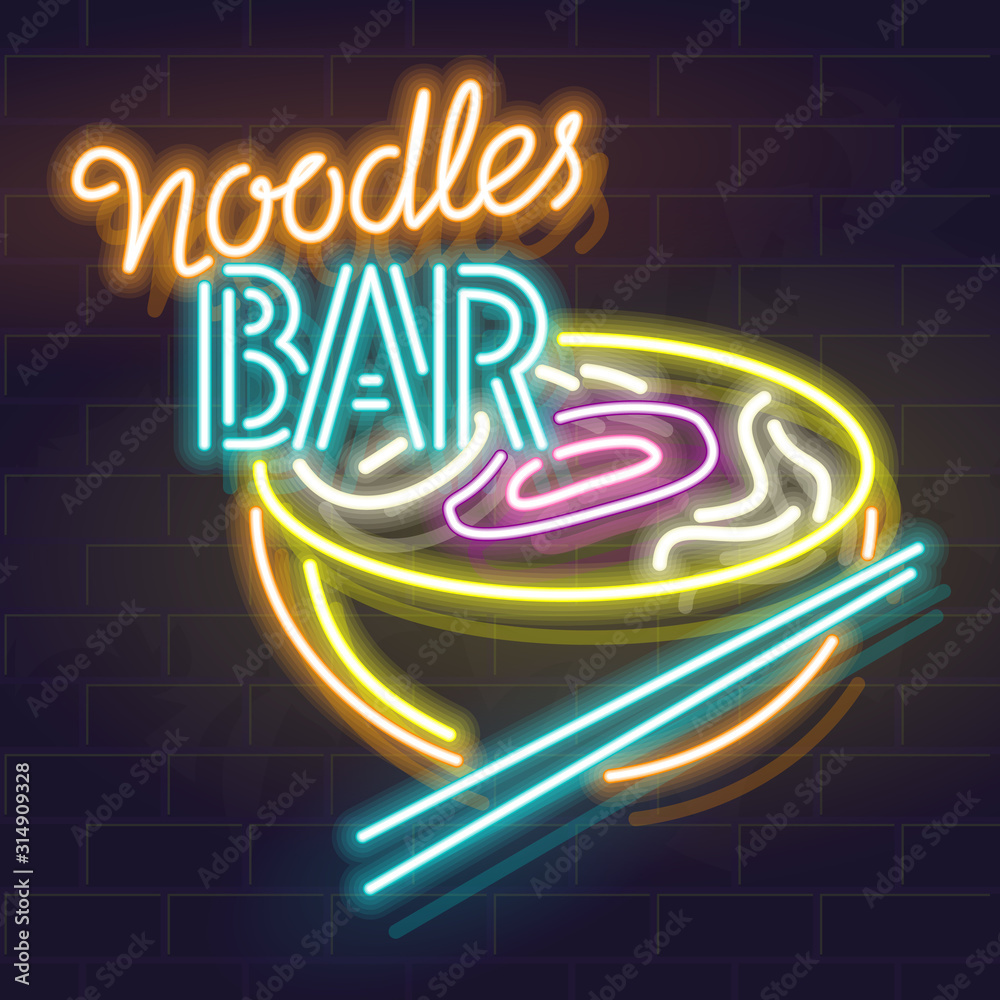 Neon sign for noodles bar. Oriental bowl of soup icon. Ramen, pho ...