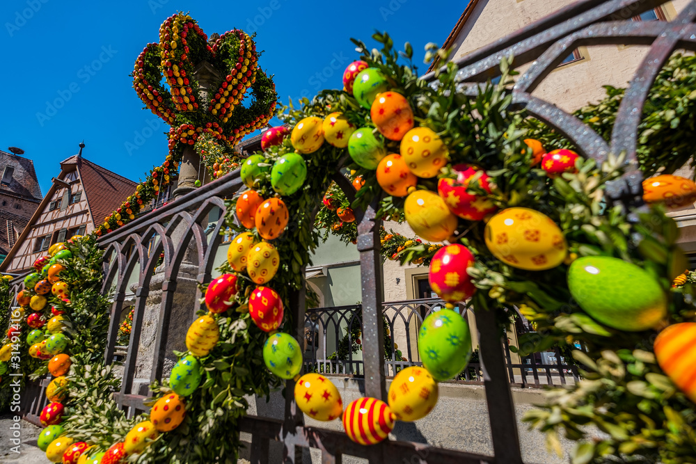 Traditionally decorated easter fountain seen in Bavaria (Germany ...