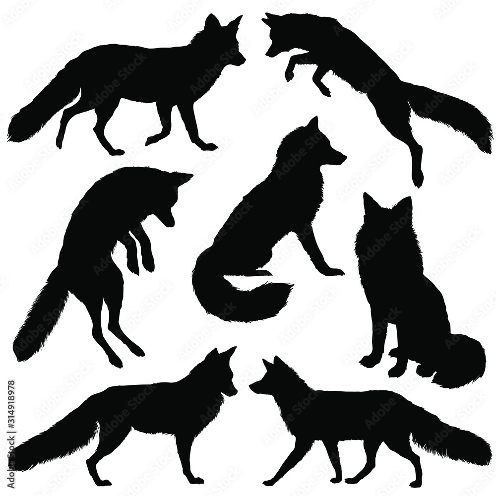 Fox silhouette. Set. Vector illustration isolated on white background ...
