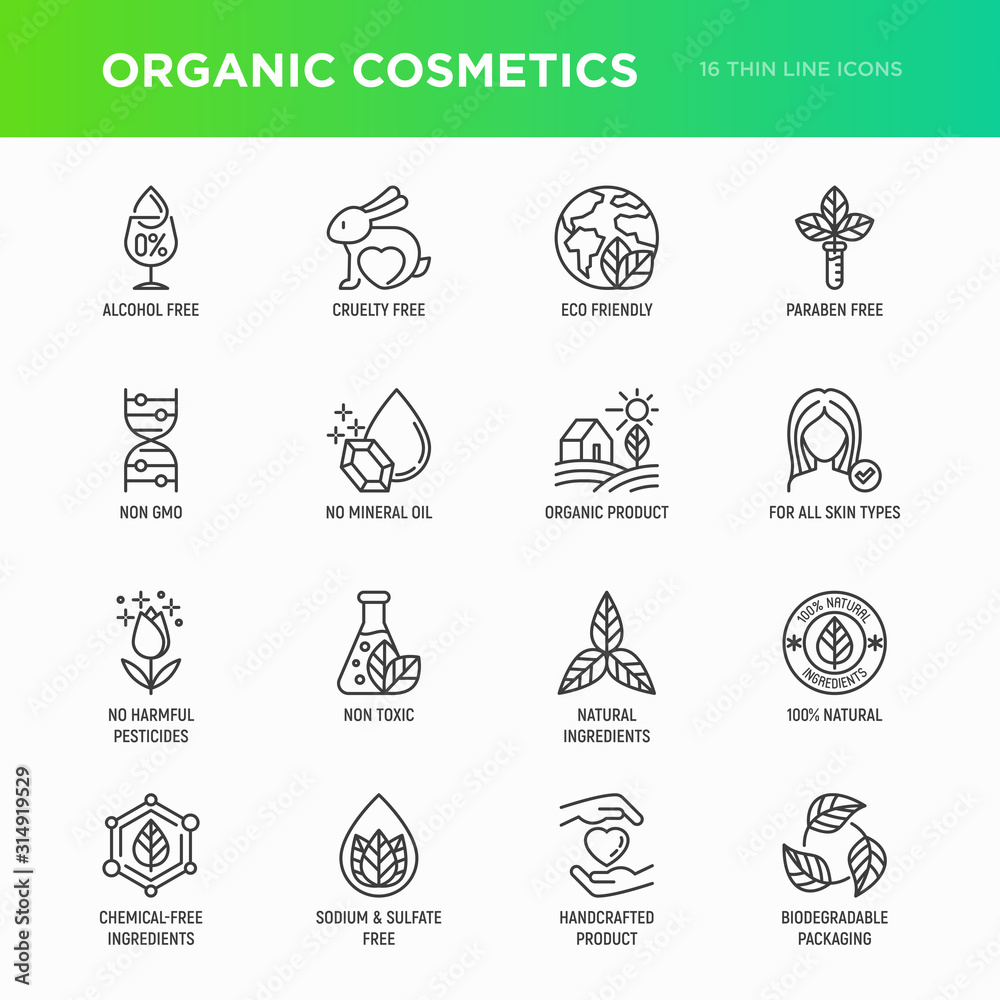 Organic cosmetics set of thin line icons for product packaging. Cruelty ...