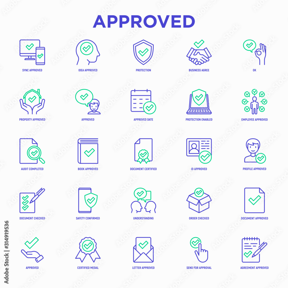Approved thin line icons set: sync, idea, agreement, calendar date ...