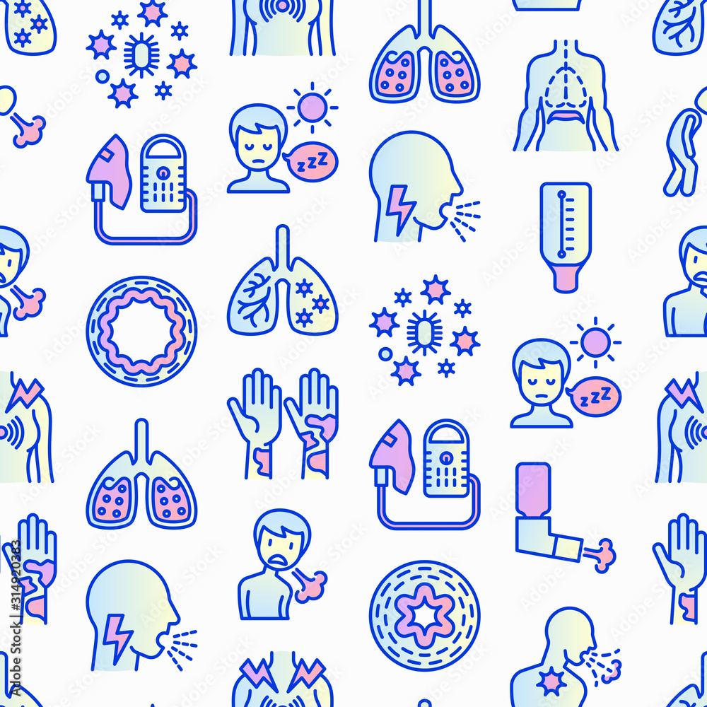 Asthma seamless pattern with thin line icons: allergen, dyspnea, cough ...
