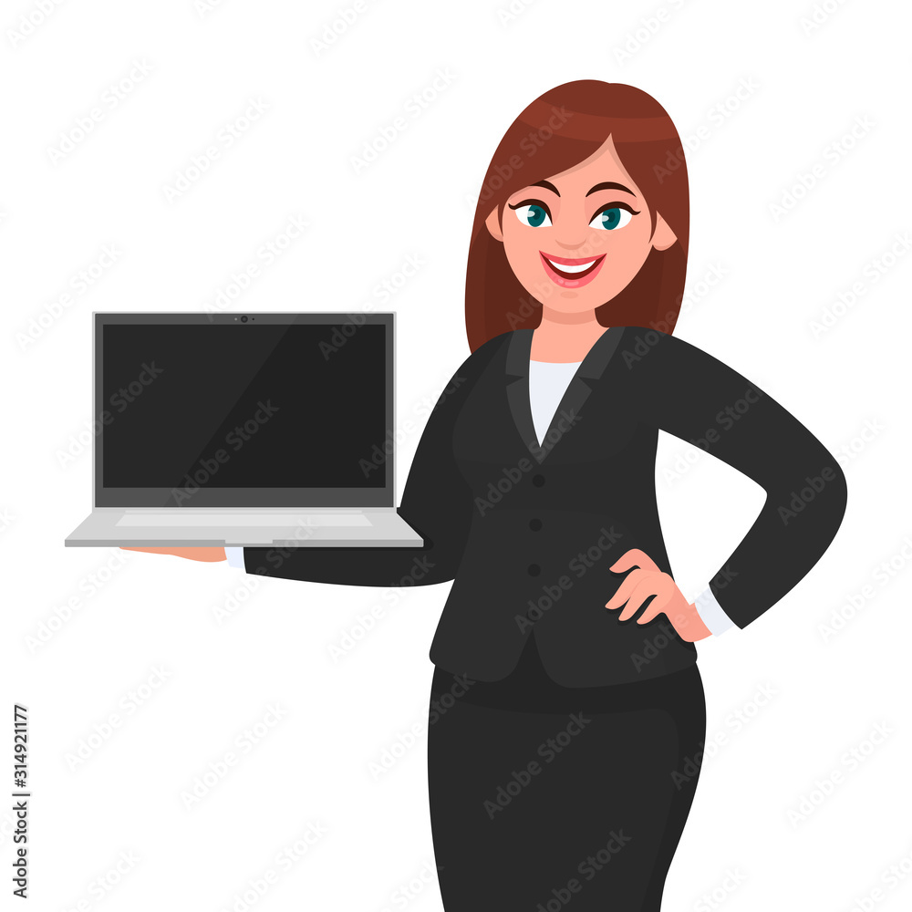Young businesswoman showing new laptop . Person holding wireless ...